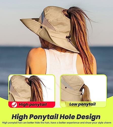 Sun Hat with High Ponytail Hole for Women, Womens UV Protection Wide Brim Foldable Waterproof Beach Bucket Safari Fishing Hat Khaki