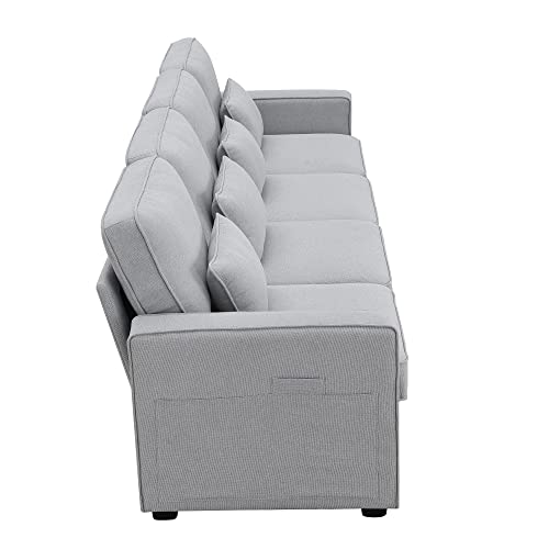 GLORHOME Modern Linen Fabric Sofa with Armrest Pockets and 4 Pillows-Minimalist Style 4-Seater Couch for Living Room, Apartment, Office-104, Light Grey