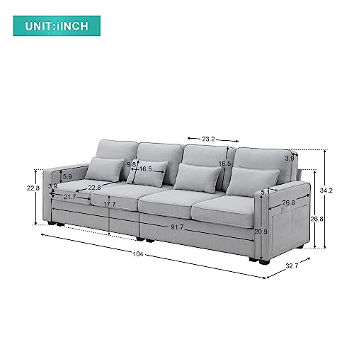 GLORHOME Modern Linen Fabric Sofa with Armrest Pockets and 4 Pillows-Minimalist Style 4-Seater Couch for Living Room, Apartment, Office-104, Light Grey