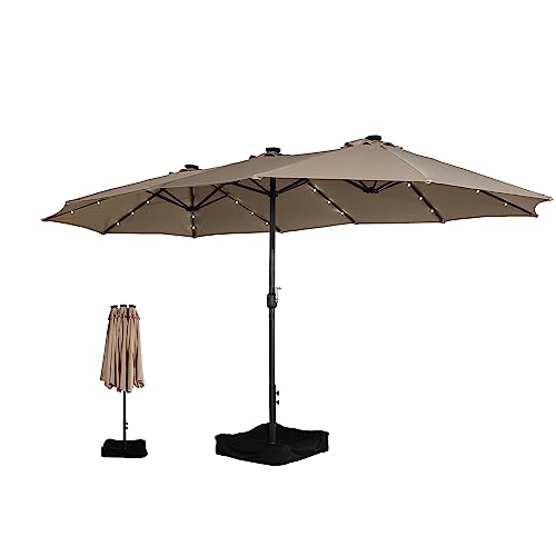 Boyel Living 15ft Patio Umbrella with Base Included with 36 Led Lights Outdoor Patio Table Umbrella, Outdoor Market Extra Large Umbrella, Pool Umbrella For Deck, Pool, Garden, Lawn-Brown