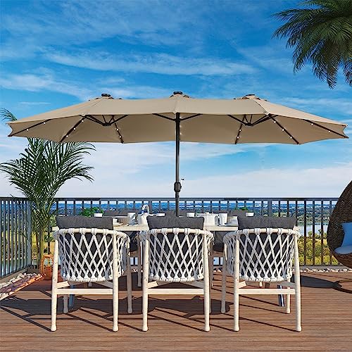 Boyel Living 15ft Patio Umbrella with Base Included with 36 Led Lights Outdoor Patio Table Umbrella, Outdoor Market Extra Large Umbrella, Pool Umbrella For Deck, Pool, Garden, Lawn-Brown