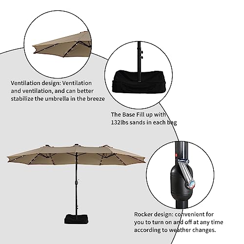 Boyel Living 15ft Patio Umbrella with Base Included with 36 Led Lights Outdoor Patio Table Umbrella, Outdoor Market Extra Large Umbrella, Pool Umbrella For Deck, Pool, Garden, Lawn-Brown