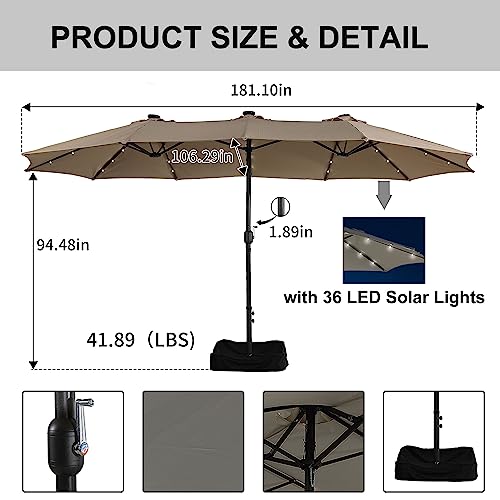 Boyel Living 15ft Patio Umbrella with Base Included with 36 Led Lights Outdoor Patio Table Umbrella, Outdoor Market Extra Large Umbrella, Pool Umbrella For Deck, Pool, Garden, Lawn-Brown