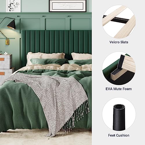 Allewie King Bed Frame, Velvet Upholstered Platform Bed with Adjustable Vertical Channel Tufted Headboard, Mattress Foundation with Strong Wooden Slats, Box Spring Optional, Green