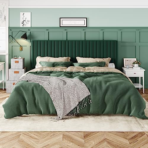 Allewie King Bed Frame, Velvet Upholstered Platform Bed with Adjustable Vertical Channel Tufted Headboard, Mattress Foundation with Strong Wooden Slats, Box Spring Optional, Green