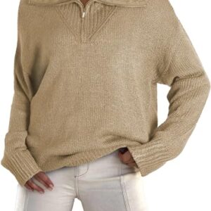 Dokotoo Oversized Quarter Zip Pullover Sweaters for Women Cute Waffle Knit Oversized Fall Winter Outfits Jumpers TopFashion V Neck Long Sleeve Warm Cozy Polo Ladies Khaki Sweater X-Large