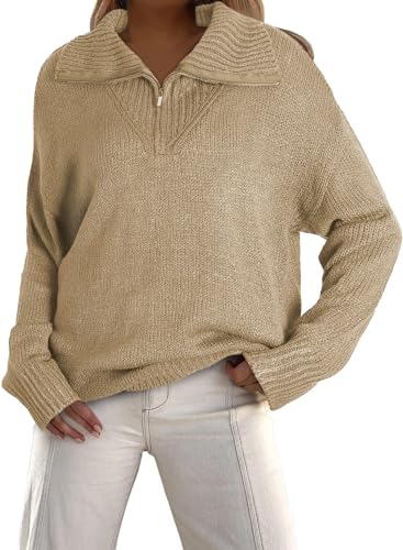 Dokotoo Oversized Quarter Zip Pullover Sweaters for Women Cute Waffle Knit Oversized Fall Winter Outfits Jumpers TopFashion V Neck Long Sleeve Warm Cozy Polo Ladies Khaki Sweater X-Large