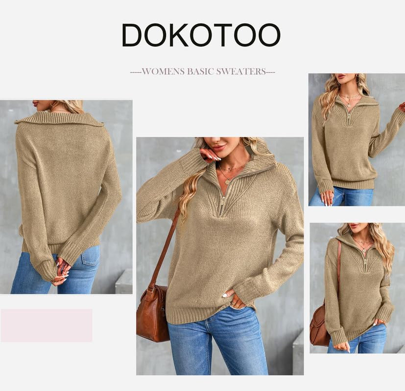 Dokotoo Oversized Quarter Zip Pullover Sweaters for Women Cute Waffle Knit Oversized Fall Winter Outfits Jumpers TopFashion V Neck Long Sleeve Warm Cozy Polo Ladies Khaki Sweater X-Large