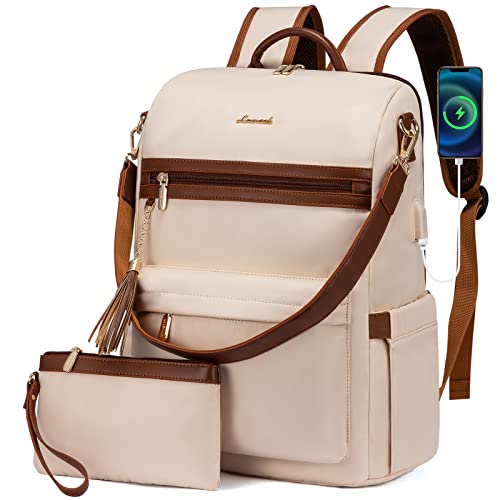 LOVEVOOK Laptop Backpack Women,15.6 Inch Convertible Backpack Purse for Women with USB Port,Fashion Teacher Nurse Bag Work Backpack with Cute Wristlet Bag for Travel College Commute,Beige Brown