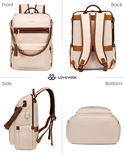 LOVEVOOK Laptop Backpack Women,15.6 Inch Convertible Backpack Purse for Women with USB Port,Fashion Teacher Nurse Bag Work Backpack with Cute Wristlet Bag for Travel College Commute,Beige Brown