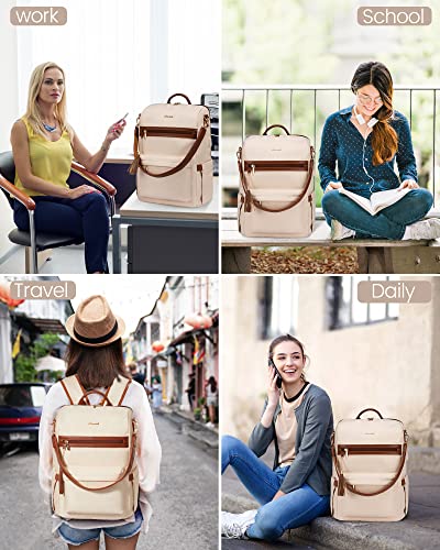 LOVEVOOK Laptop Backpack Women,15.6 Inch Convertible Backpack Purse for Women with USB Port,Fashion Teacher Nurse Bag Work Backpack with Cute Wristlet Bag for Travel College Commute,Beige Brown