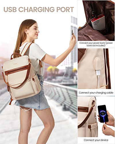 LOVEVOOK Laptop Backpack Women,15.6 Inch Convertible Backpack Purse for Women with USB Port,Fashion Teacher Nurse Bag Work Backpack with Cute Wristlet Bag for Travel College Commute,Beige Brown