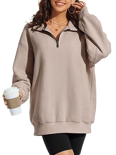 ATHMILE Womens Oversized Half Zip Pullover Long Sleeve Sweatshirt Quarter Zip Hoodie Sweater Teen Girls Fall Y2K Clothes Coffee Grey