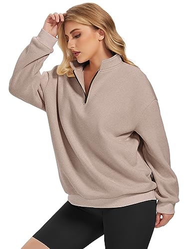 ATHMILE Womens Oversized Half Zip Pullover Long Sleeve Sweatshirt Quarter Zip Hoodie Sweater Teen Girls Fall Y2K Clothes Coffee Grey