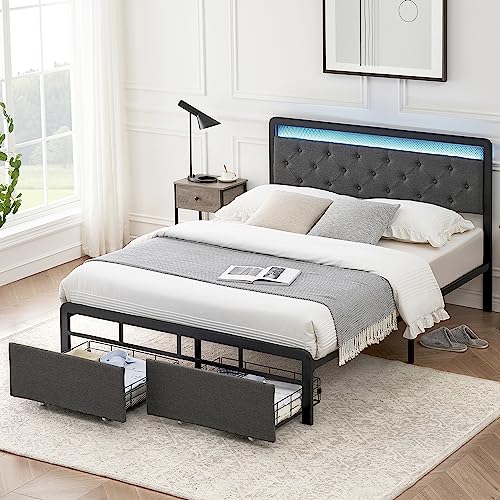 Full Size Bed Frame with 2 Storage Drawers, Button Tufted Headboard and LED Lights, Upholstered Platform Bed with Storage, Heavy Duty Metal Slats, No Box Spring Needed, Noise Free, Easy Assembly