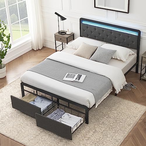 Full Size Bed Frame with 2 Storage Drawers, Button Tufted Headboard and LED Lights, Upholstered Platform Bed with Storage, Heavy Duty Metal Slats, No Box Spring Needed, Noise Free, Easy Assembly