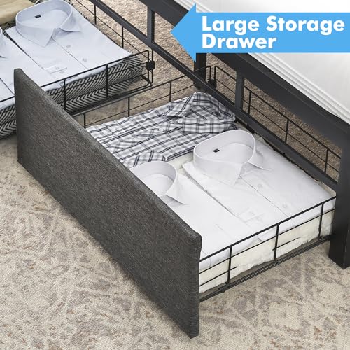 Full Size Bed Frame with 2 Storage Drawers, Button Tufted Headboard and LED Lights, Upholstered Platform Bed with Storage, Heavy Duty Metal Slats, No Box Spring Needed, Noise Free, Easy Assembly