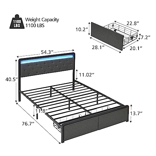 Full Size Bed Frame with 2 Storage Drawers, Button Tufted Headboard and LED Lights, Upholstered Platform Bed with Storage, Heavy Duty Metal Slats, No Box Spring Needed, Noise Free, Easy Assembly