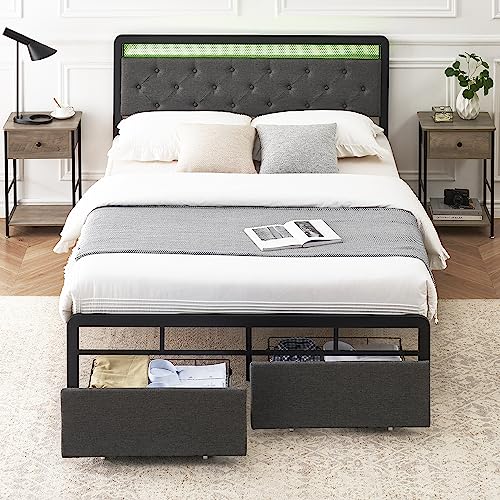 Full Size Bed Frame with 2 Storage Drawers, Button Tufted Headboard and LED Lights, Upholstered Platform Bed with Storage, Heavy Duty Metal Slats, No Box Spring Needed, Noise Free, Easy Assembly