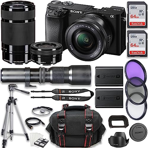 Sony a6100 Mirrorless Camera E PZ 16-50mm f/3.5-5.6 OSS Lens E 55-210mm f/4.5-6.3 OSS Lens + 500mm f/8 Focus Lens + 2X 64GB Memory + Case + Tripod & More (20pc Bundle)