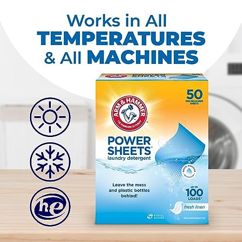 Arm & Hammer Power Sheets Laundry Detergent, Fresh Linen 50ct, up to 100 Small Loads (Packaging may vary)