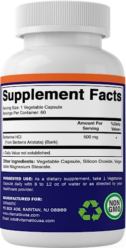 Vitamatic Berberine Supplement 500mg - 60 Vegetable Capsules - Made in The USA - Gluten Free - Non-GMO (1 Bottle)