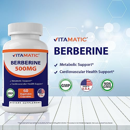 Vitamatic Berberine Supplement 500mg - 60 Vegetable Capsules - Made in The USA - Gluten Free - Non-GMO (1 Bottle)