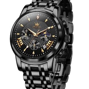 OLEVS Black Watches for Men Chronograph Stainless Steel Mens Watches Big Face Classic Luxury Men's Wrist Watches with Date Waterproof Dress Male Watches, Relojes para Hombres