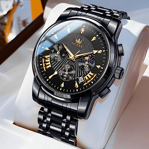 OLEVS Black Watches for Men Chronograph Stainless Steel Mens Watches Big Face Classic Luxury Men's Wrist Watches with Date Waterproof Dress Male Watches, Relojes para Hombres