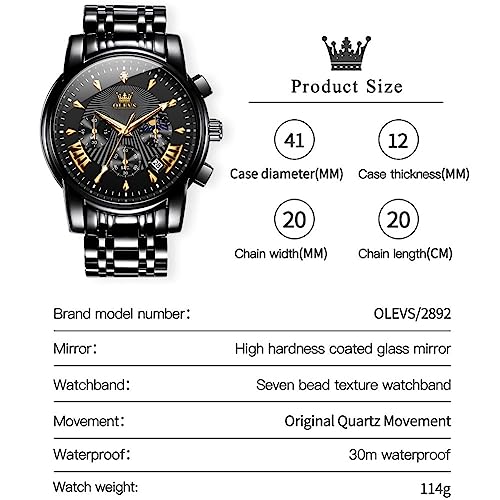 OLEVS Black Watches for Men Chronograph Stainless Steel Mens Watches Big Face Classic Luxury Men's Wrist Watches with Date Waterproof Dress Male Watches, Relojes para Hombres