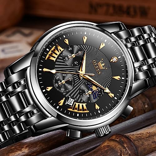 OLEVS Black Watches for Men Chronograph Stainless Steel Mens Watches Big Face Classic Luxury Men's Wrist Watches with Date Waterproof Dress Male Watches, Relojes para Hombres