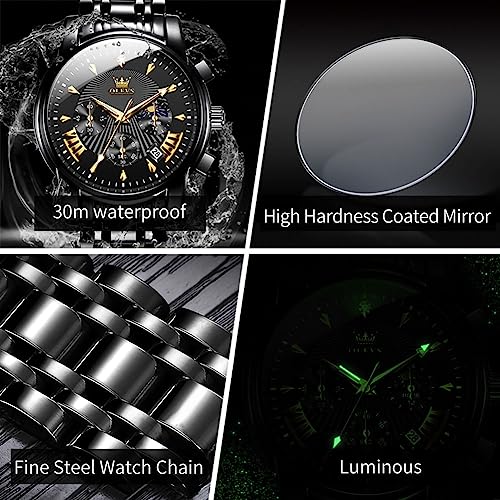 OLEVS Black Watches for Men Chronograph Stainless Steel Mens Watches Big Face Classic Luxury Men's Wrist Watches with Date Waterproof Dress Male Watches, Relojes para Hombres