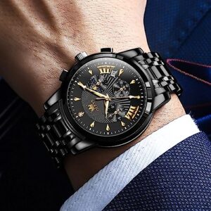 OLEVS Black Watches for Men Chronograph Stainless Steel Mens Watches Big Face Classic Luxury Men's Wrist Watches with Date Waterproof Dress Male Watches, Relojes para Hombres