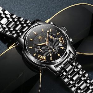 OLEVS Black Watches for Men Chronograph Stainless Steel Mens Watches Big Face Classic Luxury Men's Wrist Watches with Date Waterproof Dress Male Watches, Relojes para Hombres