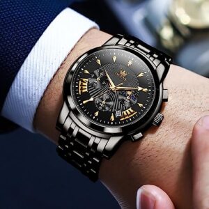 OLEVS Black Watches for Men Chronograph Stainless Steel Mens Watches Big Face Classic Luxury Men's Wrist Watches with Date Waterproof Dress Male Watches, Relojes para Hombres