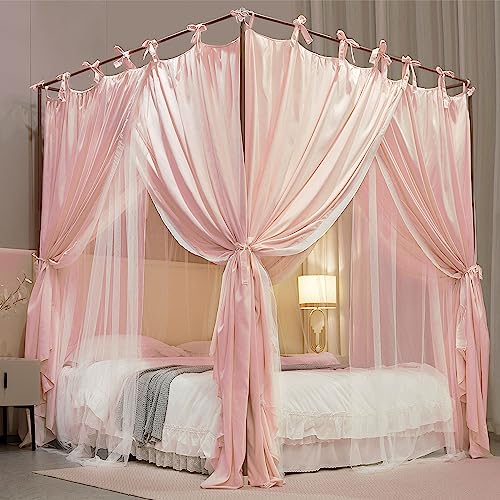 AIOOO 4 Corners Post Princess Curtain Bed Canopy Double Layer Cozy Mosquito Net Mesh and Cloth for Girls Adults Bedroom Decoration (Double-Beigepink/White, 53" W*78" L*82"*H/(Full))