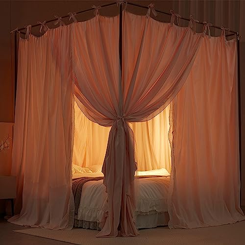 AIOOO 4 Corners Post Princess Curtain Bed Canopy Double Layer Cozy Mosquito Net Mesh and Cloth for Girls Adults Bedroom Decoration (Double-Beigepink/White, 53" W*78" L*82"*H/(Full))