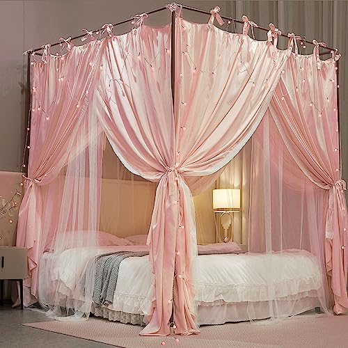 AIOOO 4 Corners Post Princess Curtain Bed Canopy Double Layer Cozy Mosquito Net Mesh and Cloth for Girls Adults Bedroom Decoration (Double-Beigepink/White, 53" W*78" L*82"*H/(Full))