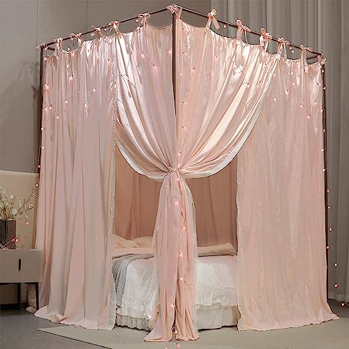 AIOOO 4 Corners Post Princess Curtain Bed Canopy Double Layer Cozy Mosquito Net Mesh and Cloth for Girls Adults Bedroom Decoration (Double-Beigepink/White, 53" W*78" L*82"*H/(Full))