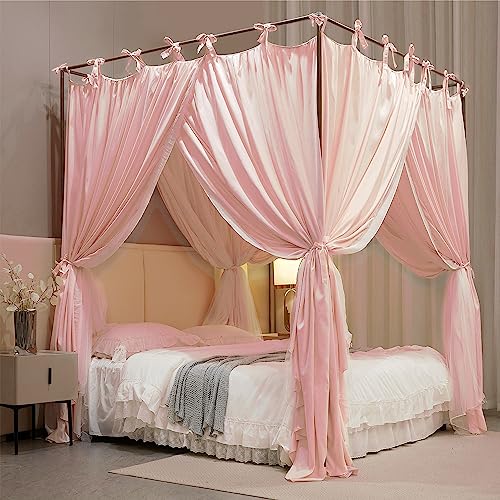 AIOOO 4 Corners Post Princess Curtain Bed Canopy Double Layer Cozy Mosquito Net Mesh and Cloth for Girls Adults Bedroom Decoration (Double-Beigepink/White, 53" W*78" L*82"*H/(Full))