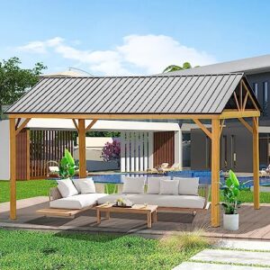 Domi 12' x 14' Hardtop Gazebo with Galvanized Steel Gable Roof, Pergola with Wood-Looking Aluminum Frame, Permanent Pavilion Outdoor Gazebo with Ceiling Hook for Deck Patio Lawn Yard Backyard Grill