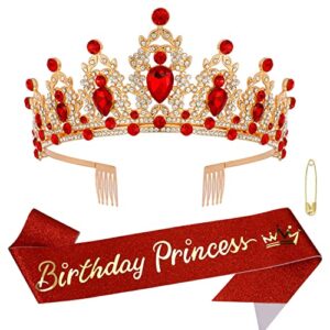 chanaco birthday sash princess crown birthday girl sash tiaras for women red rhinestones headband happy birthday decorations birthday party supplies gifts