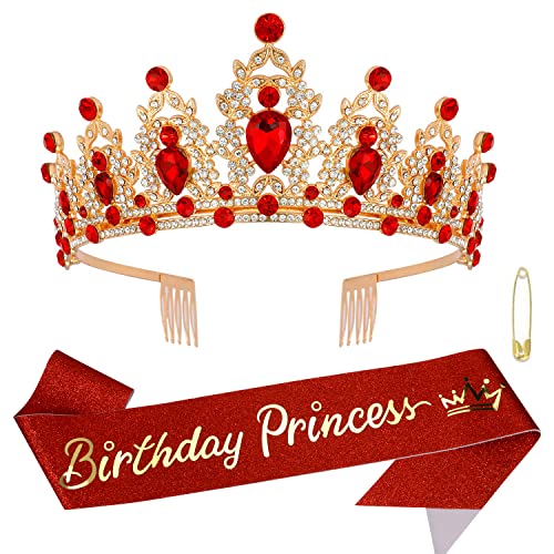 Chanaco Birthday Sash Princess Crown Birthday Girl Sash Tiaras for Women Red Rhinestones Headband Happy Birthday Decorations Birthday Party Supplies Gifts