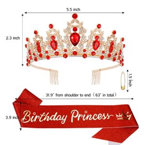 Chanaco Birthday Sash Princess Crown Birthday Girl Sash Tiaras for Women Red Rhinestones Headband Happy Birthday Decorations Birthday Party Supplies Gifts