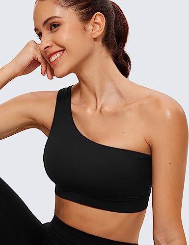 CRZ YOGA Butterluxe Womens One Shoulder Sports Bra - Sleeveless One Strap Low Impact Asymmetrical Workout Yoga Bra Black Medium