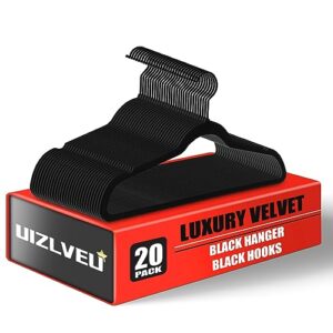 uizlveu velvet hangers 20 pack, luxury black felt non slip clothes hangers with black hooks, heavy duty coat hangers for closet, ultra slim space saving black hangers for tank tops, shirt, suit, pants