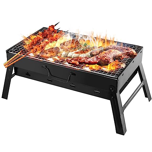 Portable BBQ Grill Folding Charcoal Grill, 17 * 10’’ Barbecue Area Stainless Grill, Lightweight Instant Smoker Grill, Small Grill, Table Top Grill for Outdoor Barbecues Camping Picnics Beach Party