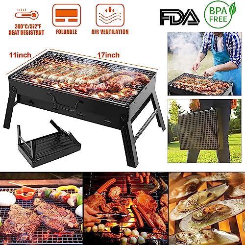 Portable BBQ Grill Folding Charcoal Grill, 17 * 10’’ Barbecue Area Stainless Grill, Lightweight Instant Smoker Grill, Small Grill, Table Top Grill for Outdoor Barbecues Camping Picnics Beach Party