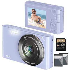 digital camera cheap, uikicon 4k 44mp kids camera with 32gb sd card, 2.4 inch point and shoot camera with 16x digital zoom, compact camera for kids teens boys girls adults students seniors(x3-purple1)