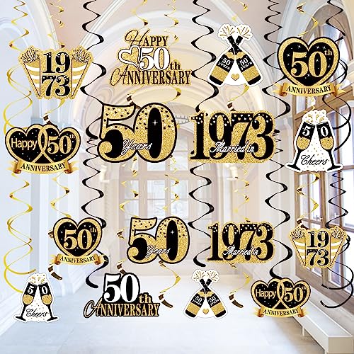 50th Anniversary Hanging Swirls Decorations, Black Gold Happy 50th Wedding Anniversary Married in 1973 Foil Swirl Party Supplies, Cheers to 50 Years Anniversary Ceiling Hanging Decor